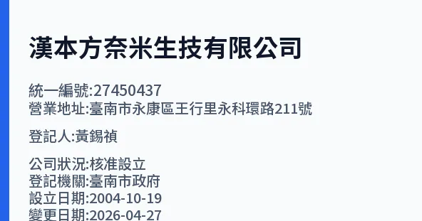 漢本方奈米生技有限公司的照片-統編 27450437(臺南市) 公司登記資料與營業項目詳細圖表