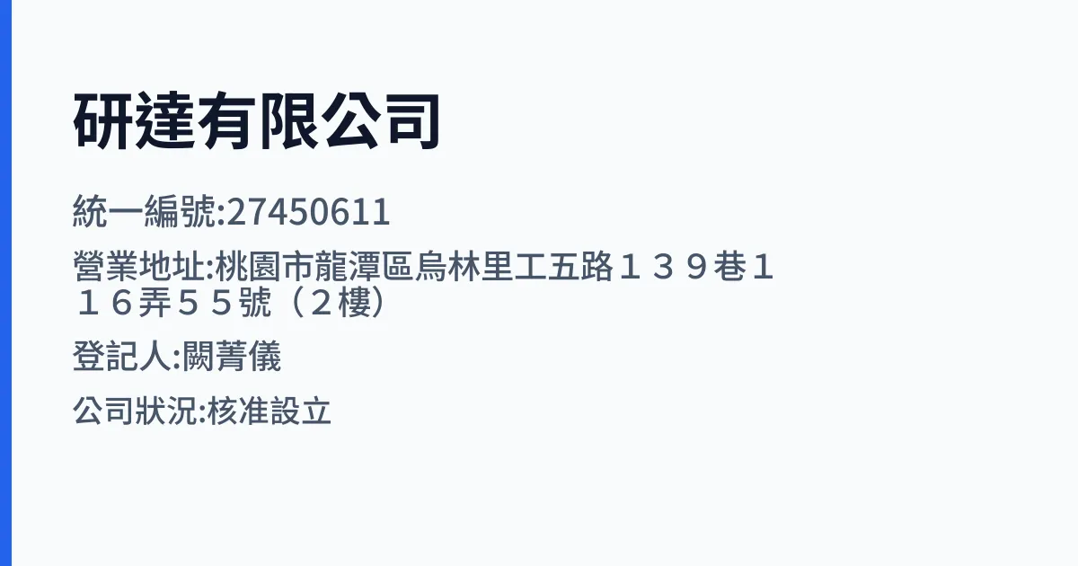 研達有限公司 - 統編 27450611(桃園市) 公司登記資料與營業項目詳細圖表