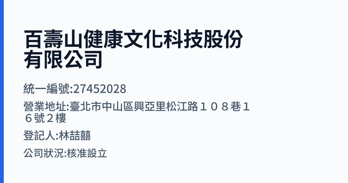 百壽山健康文化科技股份有限公司 - 統編 27452028(臺北市) 公司登記資料與營業項目詳細圖表