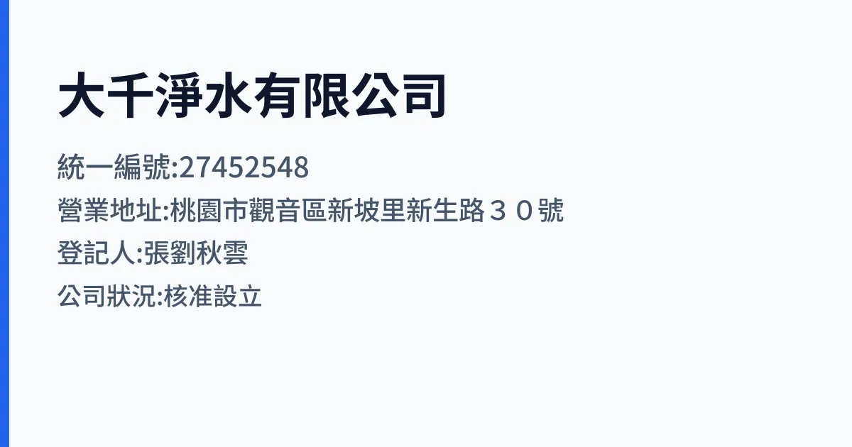 大千淨水有限公司 - 統編 27452548（桃園市） 公司登記資料與營業項目詳細圖表