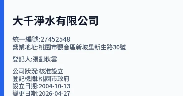 大千淨水有限公司的照片-統編 27452548(桃園市) 公司登記資料與營業項目詳細圖表
