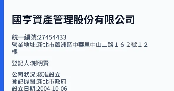 國亨資產管理股份有限公司的照片-統編 27454433(新北市) 公司登記資料與營業項目詳細圖表