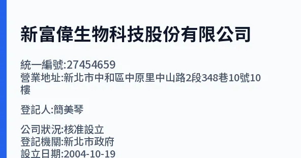 新富偉生物科技股份有限公司的照片-統編 27454659(新北市) 公司登記資料與營業項目詳細圖表