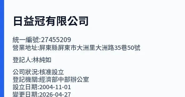 日益冠有限公司的照片-統編 27455209(屏東縣) 公司登記資料與營業項目詳細圖表