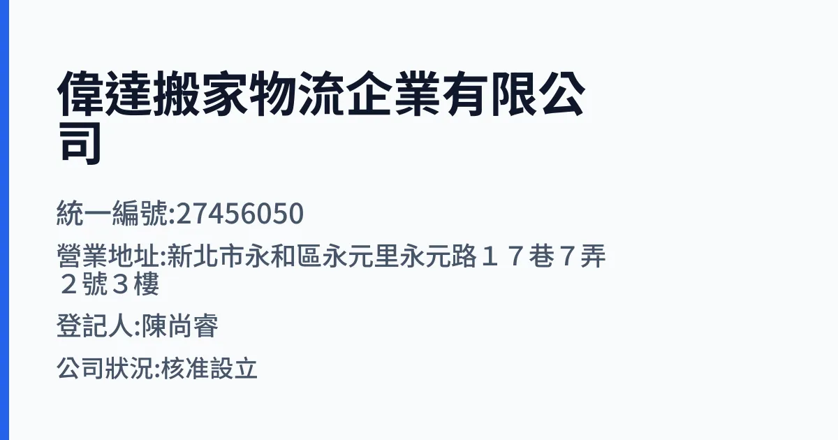 偉達搬家物流企業有限公司 - 統編 27456050(新北市) 公司登記資料與營業項目詳細圖表