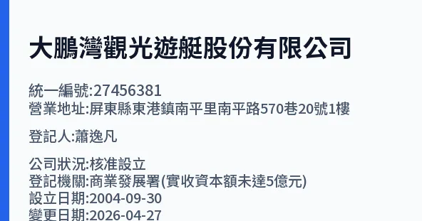大鵬灣觀光遊艇股份有限公司的照片-統編 27456381(屏東縣) 公司登記資料與營業項目詳細圖表