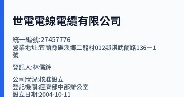 世電電線電纜有限公司的照片-統編 27457776(宜蘭縣) 公司登記資料與營業項目詳細圖表