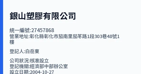 銀山塑膠有限公司的照片-統編 27457868(彰化縣) 公司登記資料與營業項目詳細圖表