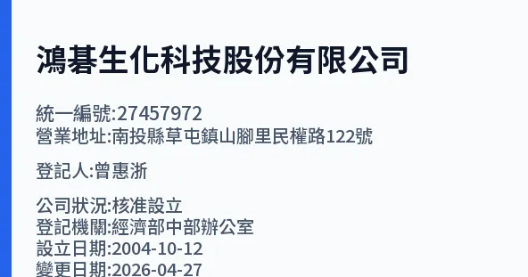 鴻碁生化科技股份有限公司的照片-統編 27457972(南投縣) 公司登記資料與營業項目詳細圖表