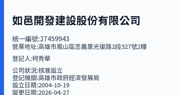 如邑開發建設股份有限公司的照片-統編 27459943(高雄市) 公司登記資料與營業項目詳細圖表