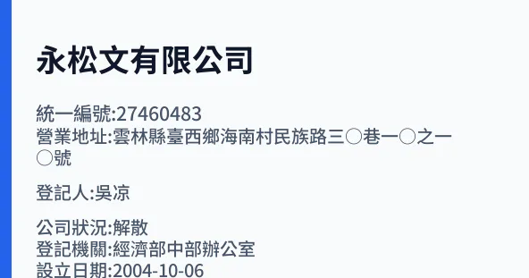 永松文有限公司的照片-統編 27460483(雲林縣) 公司登記資料與營業項目詳細圖表