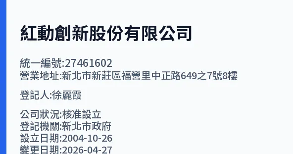 紅動創新股份有限公司的照片-統編 27461602(新北市) 公司登記資料與營業項目詳細圖表