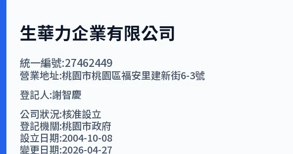 生華力企業有限公司的照片-統編 27462449(桃園市) 公司登記資料與營業項目詳細圖表
