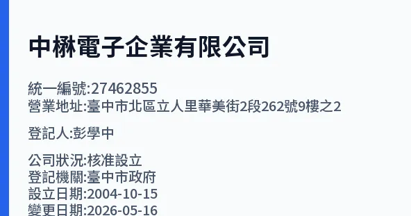 中楙電子企業有限公司的照片-統編 27462855(臺中市) 公司登記資料與營業項目詳細圖表