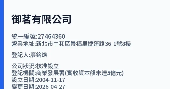 御茗有限公司的照片-統編 27464360(新北市) 公司登記資料與營業項目詳細圖表