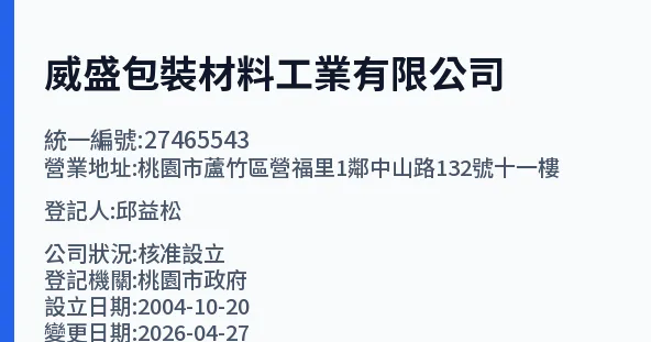 威盛包裝材料工業有限公司的照片-統編 27465543(桃園市) 公司登記資料與營業項目詳細圖表
