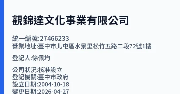 觀錦達文化事業有限公司的照片-統編 27466233(臺中市) 公司登記資料與營業項目詳細圖表