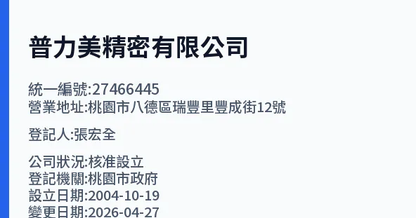 普力美精密有限公司的照片-統編 27466445(桃園市) 公司登記資料與營業項目詳細圖表