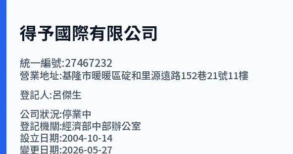 得予國際有限公司的照片-統編 27467232(基隆市) 公司登記資料與營業項目詳細圖表