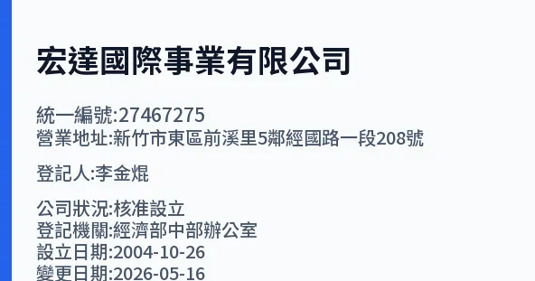 宏達國際事業有限公司的照片-統編 27467275(新竹市) 公司登記資料與營業項目詳細圖表