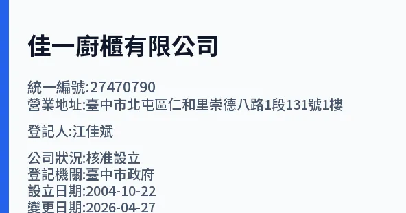 佳一廚櫃有限公司的照片-統編 27470790(臺中市) 公司登記資料與營業項目詳細圖表