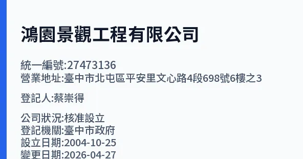 鴻園景觀工程有限公司的照片-統編 27473136(臺中市) 公司登記資料與營業項目詳細圖表