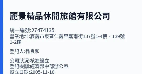 麗景精品休閒旅館有限公司的照片-統編 27474135(嘉義市) 公司登記資料與營業項目詳細圖表