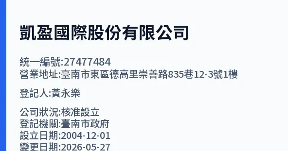 凱盈國際股份有限公司的照片-統編 27477484(臺南市) 公司登記資料與營業項目詳細圖表