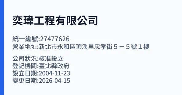 奕瑋工程有限公司的照片-統編 27477626(新北市) 公司登記資料與營業項目詳細圖表