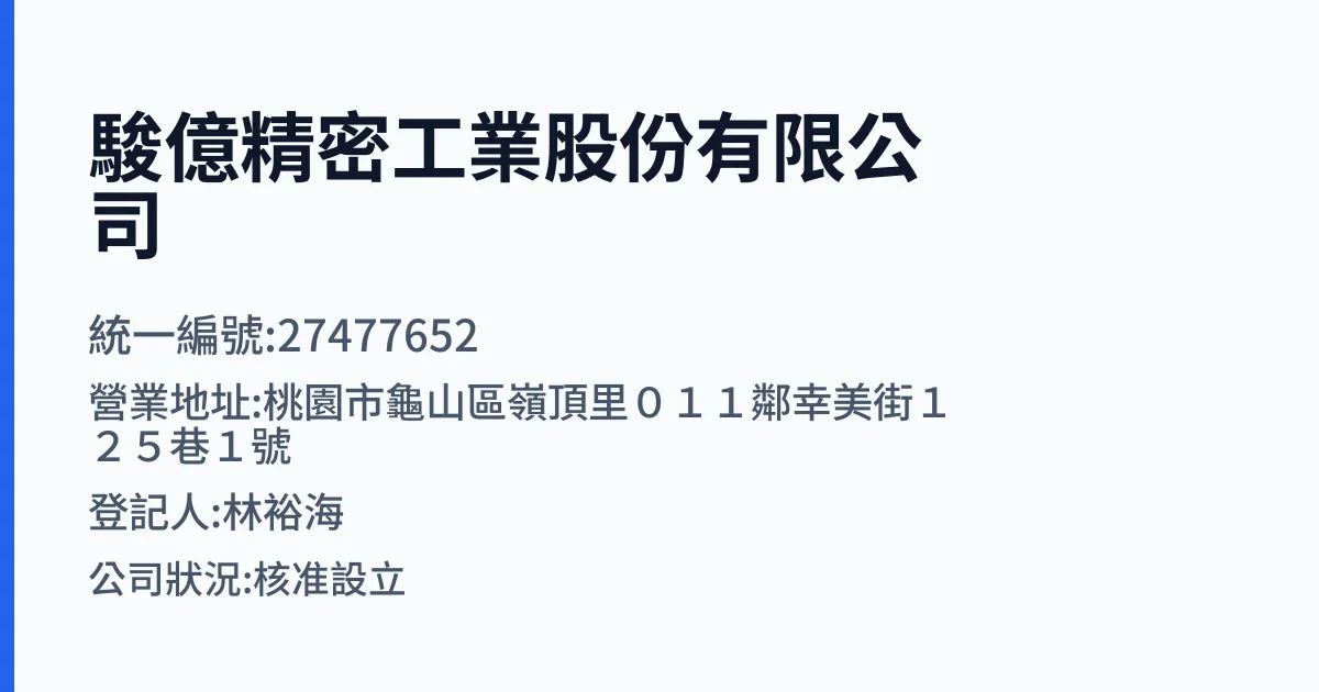 駿億精密工業股份有限公司 - 統編 27477652(桃園市) 公司登記資料與營業項目詳細圖表