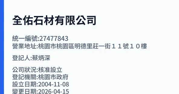 全佑石材有限公司的照片-統編 27477843(桃園市) 公司登記資料與營業項目詳細圖表
