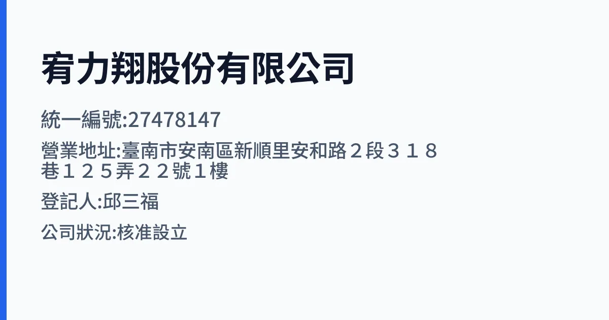 宥力翔股份有限公司 - 統編 27478147(臺南市) 公司登記資料與營業項目詳細圖表