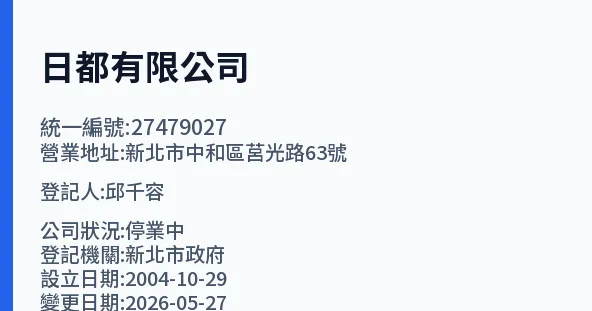 日都有限公司的照片-統編 27479027(新北市) 公司登記資料與營業項目詳細圖表