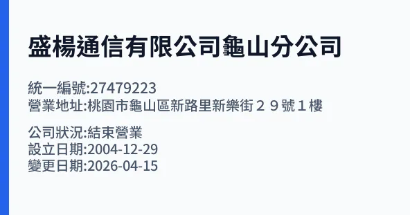 盛楊通信有限公司龜山分公司的照片-統編 27479223(桃園市) 公司登記資料與營業項目詳細圖表