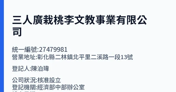 三人廣栽桃李文教事業有限公司的照片-統編 27479981(彰化縣) 公司登記資料與營業項目詳細圖表