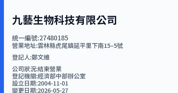 九藝生物科技有限公司的照片-統編 27480185(雲林縣) 公司登記資料與營業項目詳細圖表