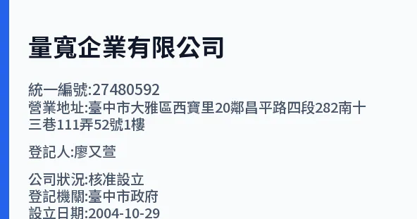 量寬企業有限公司的照片-統編 27480592(臺中市) 公司登記資料與營業項目詳細圖表
