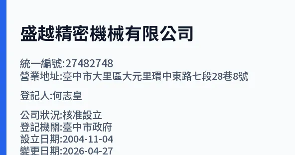 盛越精密機械有限公司的照片-統編 27482748(臺中市) 公司登記資料與營業項目詳細圖表