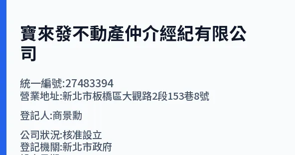 寶來發不動產仲介經紀有限公司的照片-統編 27483394(新北市) 公司登記資料與營業項目詳細圖表