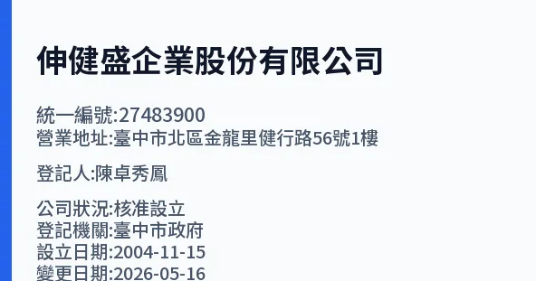 伸健盛企業股份有限公司的照片-統編 27483900(臺中市) 公司登記資料與營業項目詳細圖表