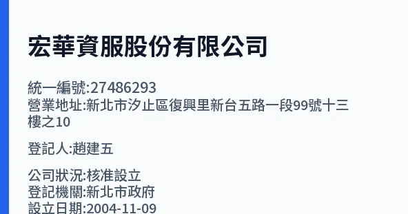 宏華資服股份有限公司的照片-統編 27486293(新北市) 公司登記資料與營業項目詳細圖表