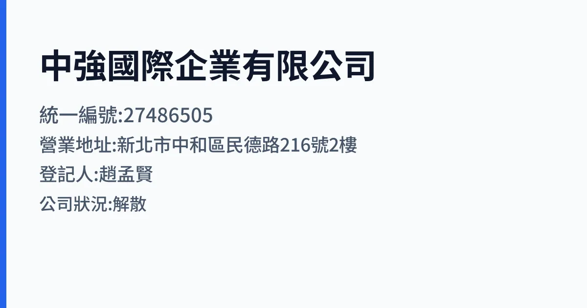 中強國際企業有限公司 - 統編 27486505(新北市) 公司登記資料與營業項目詳細圖表