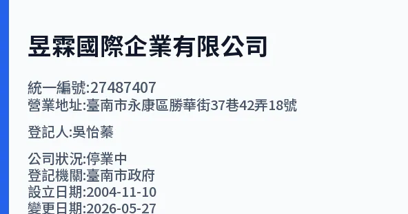 昱霖國際企業有限公司的照片-統編 27487407(臺南市) 公司登記資料與營業項目詳細圖表