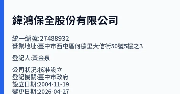緯鴻保全股份有限公司的照片-統編 27488932(臺中市) 公司登記資料與營業項目詳細圖表