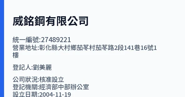 威銘鋼有限公司的照片-統編 27489221(彰化縣) 公司登記資料與營業項目詳細圖表