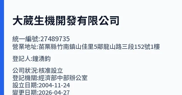 大葳生機開發有限公司的照片-統編 27489735(苗栗縣) 公司登記資料與營業項目詳細圖表