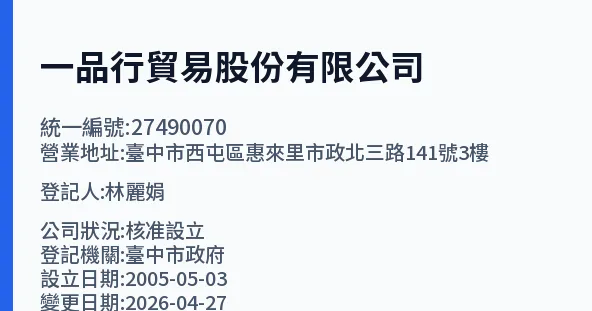 一品行貿易股份有限公司的照片-統編 27490070(臺中市) 公司登記資料與營業項目詳細圖表