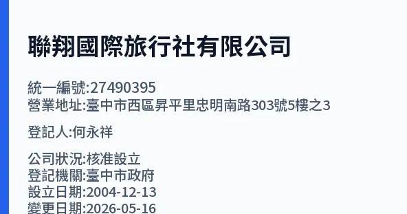 聯翔國際旅行社有限公司的照片-統編 27490395(臺中市) 公司登記資料與營業項目詳細圖表