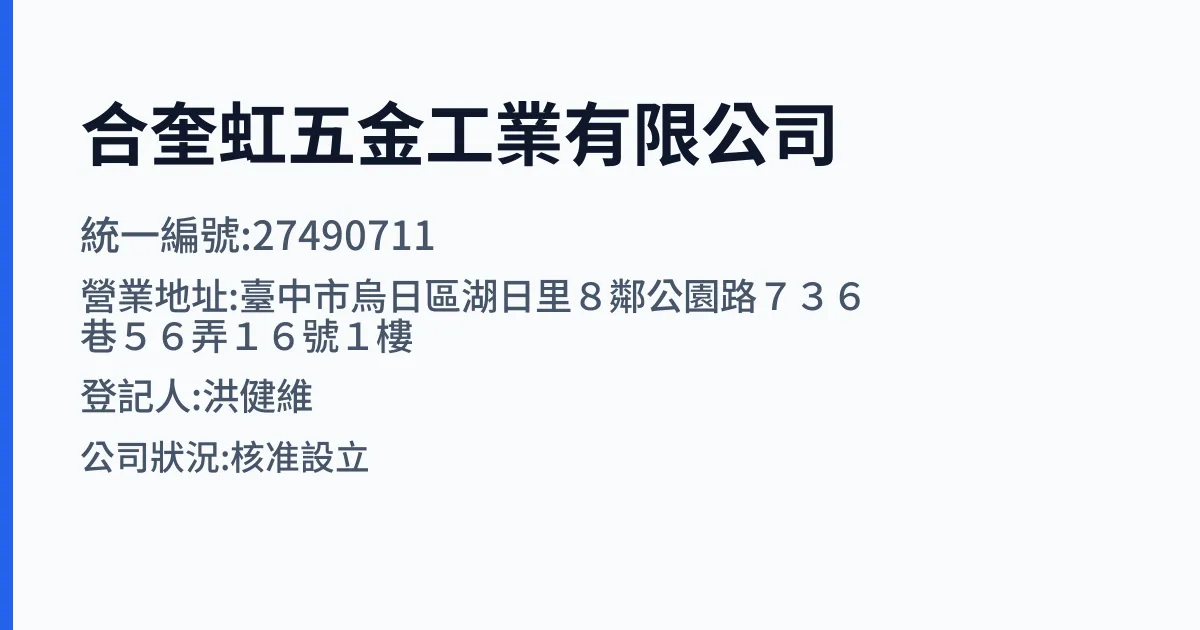 合奎虹五金工業有限公司 - 統編 27490711(臺中市) 公司登記資料與營業項目詳細圖表