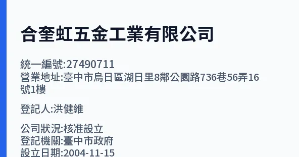 合奎虹五金工業有限公司的照片-統編 27490711(臺中市) 公司登記資料與營業項目詳細圖表